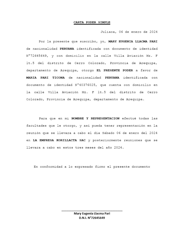 Carta Poder Simple - Mary Llacma 2024 | PDF
