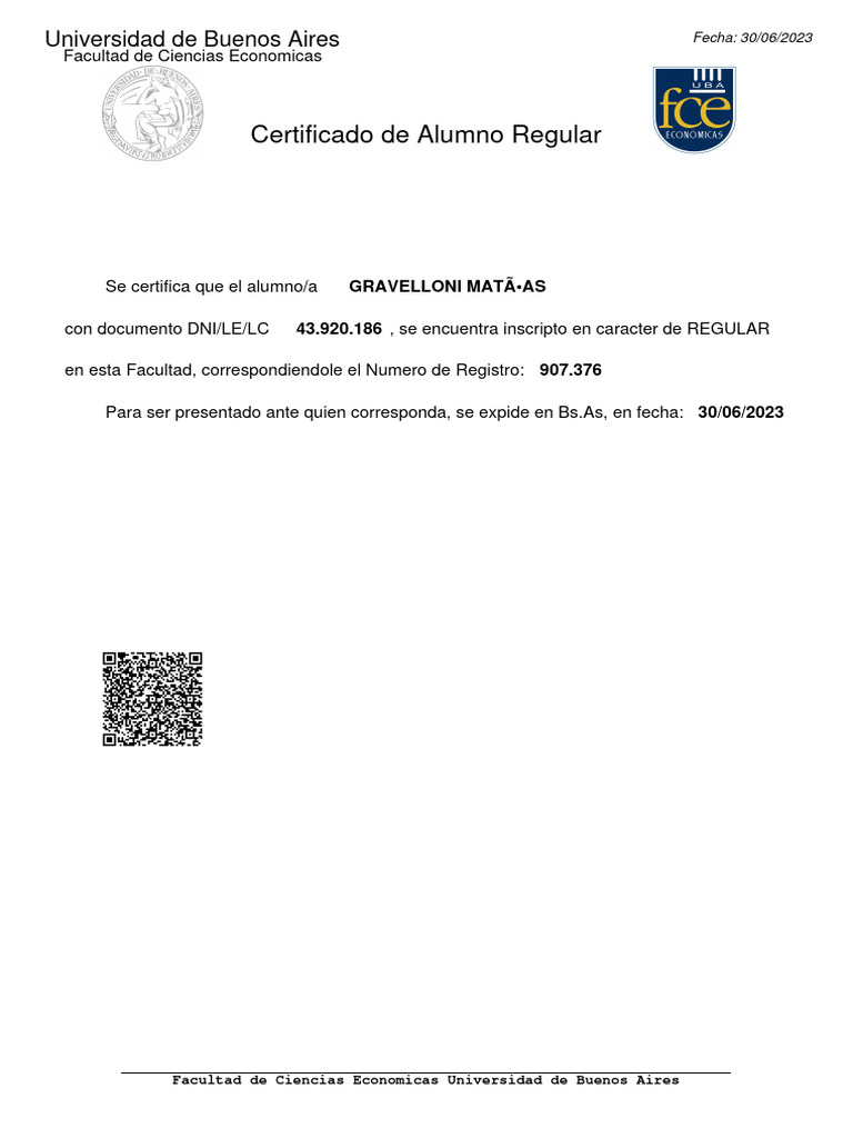 Certificado de Alumno Regular | PDF