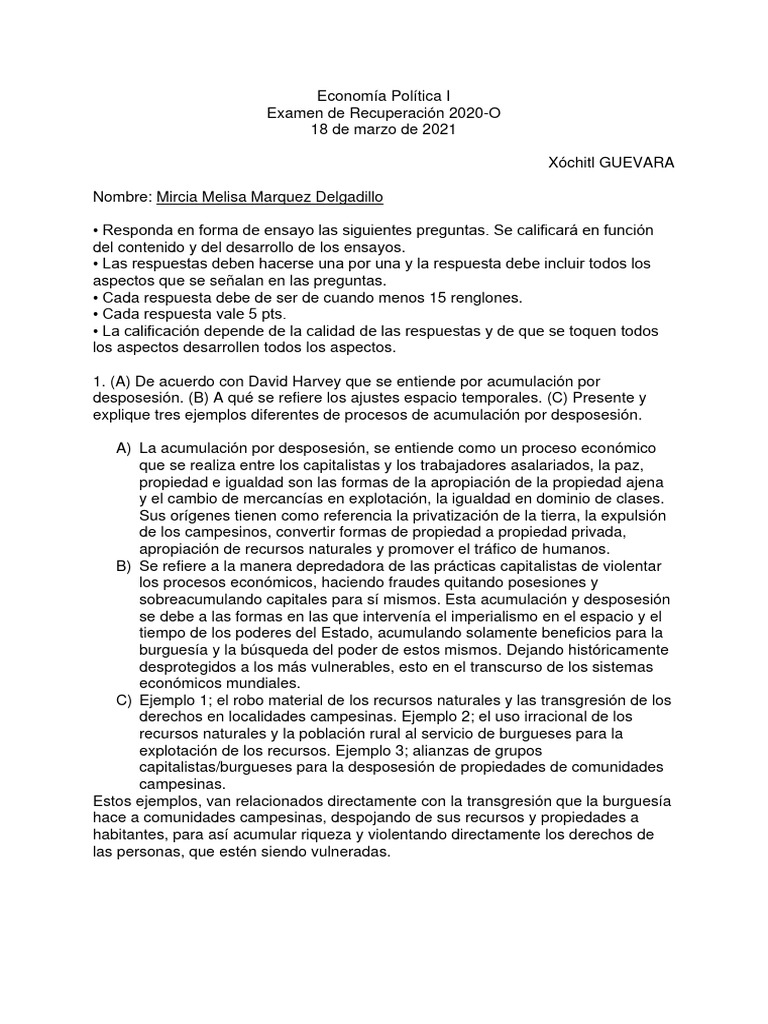 Examen Economia Politica 1 | PDF | Capitalismo | Explotación del trabajo