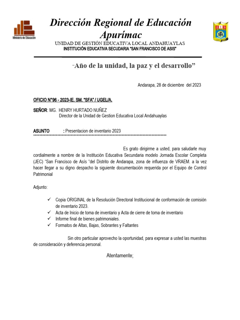 Modelo de Documentos Presentacion Toma de Inventario 2023 | PDF | Institución