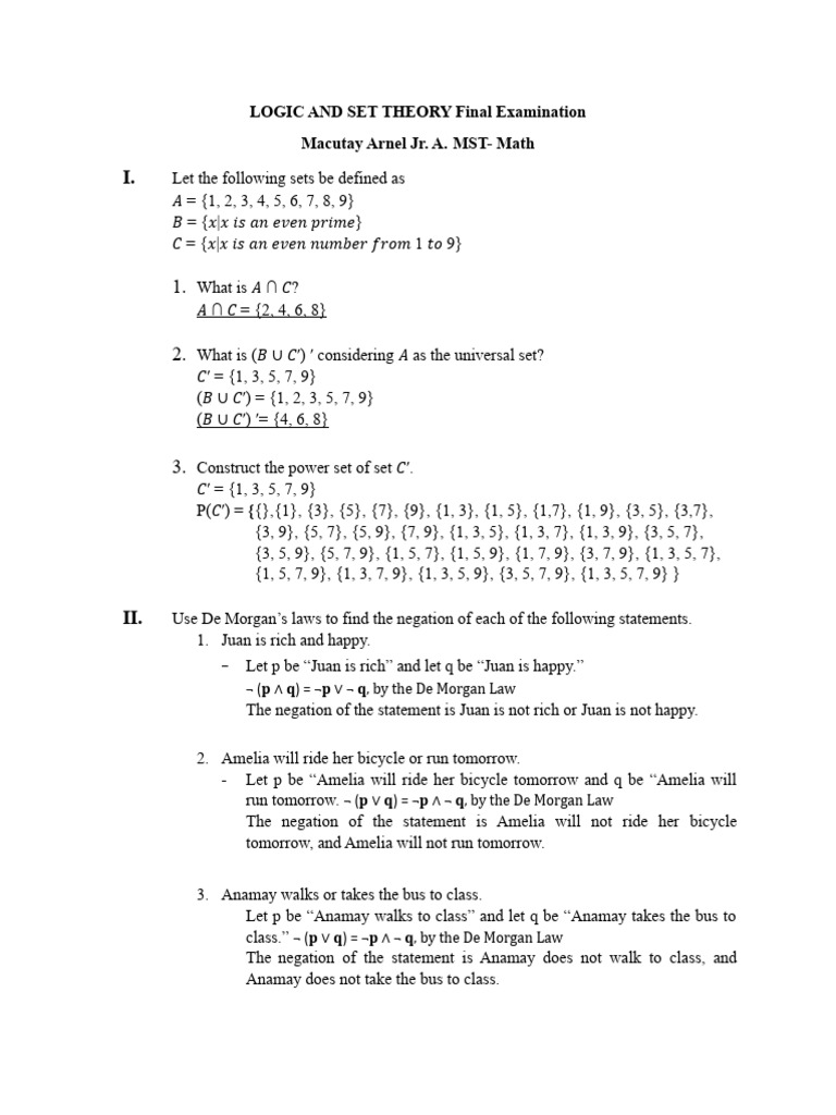 Set And Logic Exam Pdf Syntax Logic Mathematics 4998