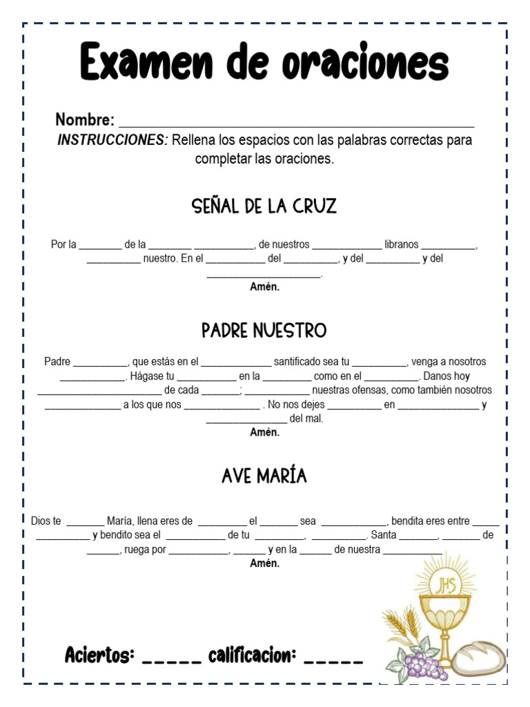 Examen de Oraciones para Niños | PDF | Creencia y doctrina cristiana ...