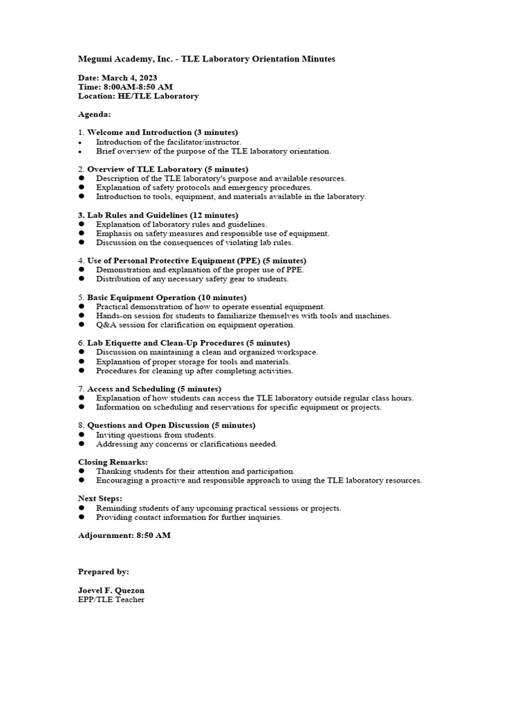 Minutes of Laboratory Orientation | PDF