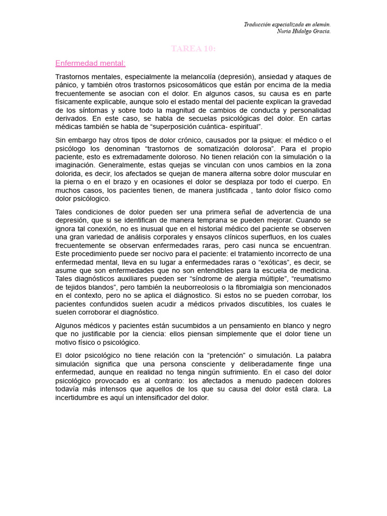 Tarea10 Hidalgogracianuria | PDF | Dolor | Trastorno depresivo mayor