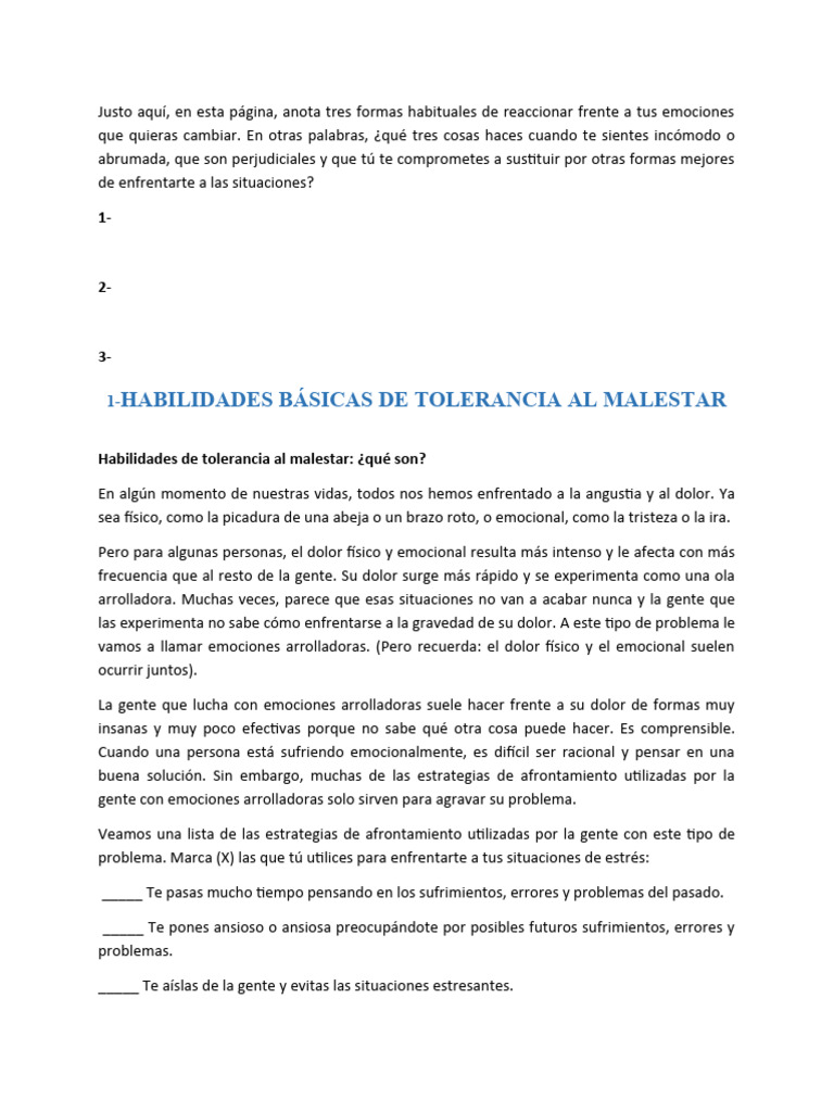 1 - Habilidades de Tolerancia Al Malestar | Descargar gratis PDF | Sufrimiento | Las emociones