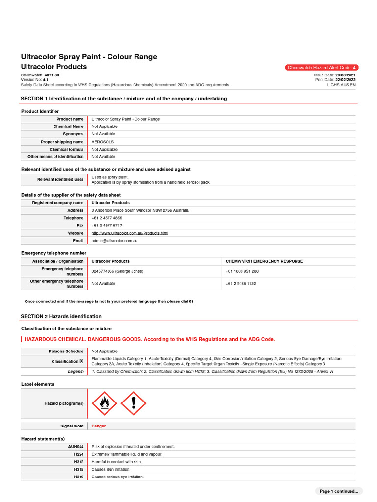 Ultracolor Spraypaint - Colour Range SDS | PDF | Toxicity | Combustion