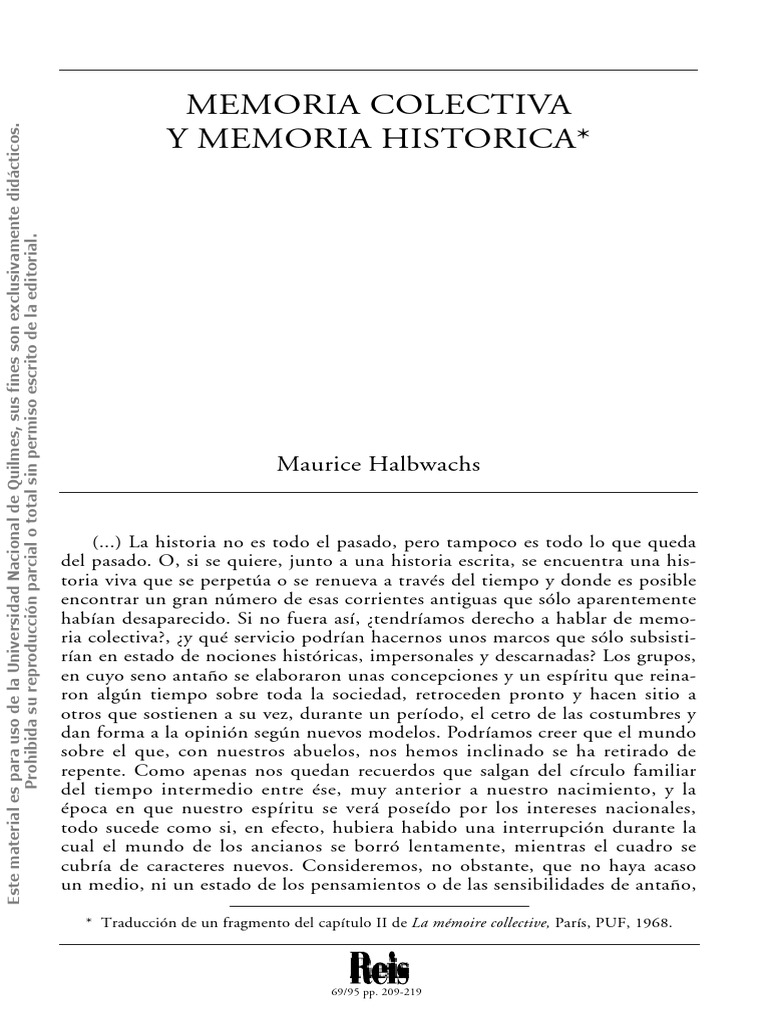 Bibliografía Obligatoria - Memoria Colectiva y Memoria Histórica, de Maurice Halbwachs | PDF ...