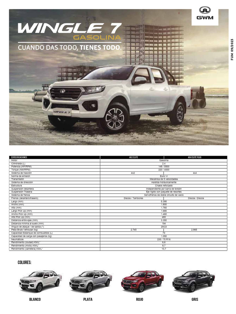 Ficha Tecnica GWM - Wingle 7 Gasolina | PDF | Tracción en las cuatro ruedas | Eje