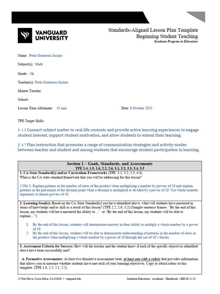 Reflection BST Grad Ed Lesson Plan Math Final Draft 1 | PDF | Numbers | Lesson Plan