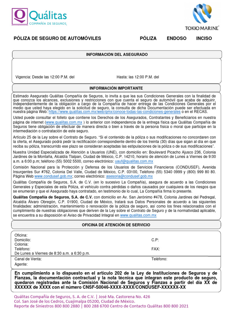 Póliza de Seguro de Automóviles | PDF | Póliza de seguros | Seguro