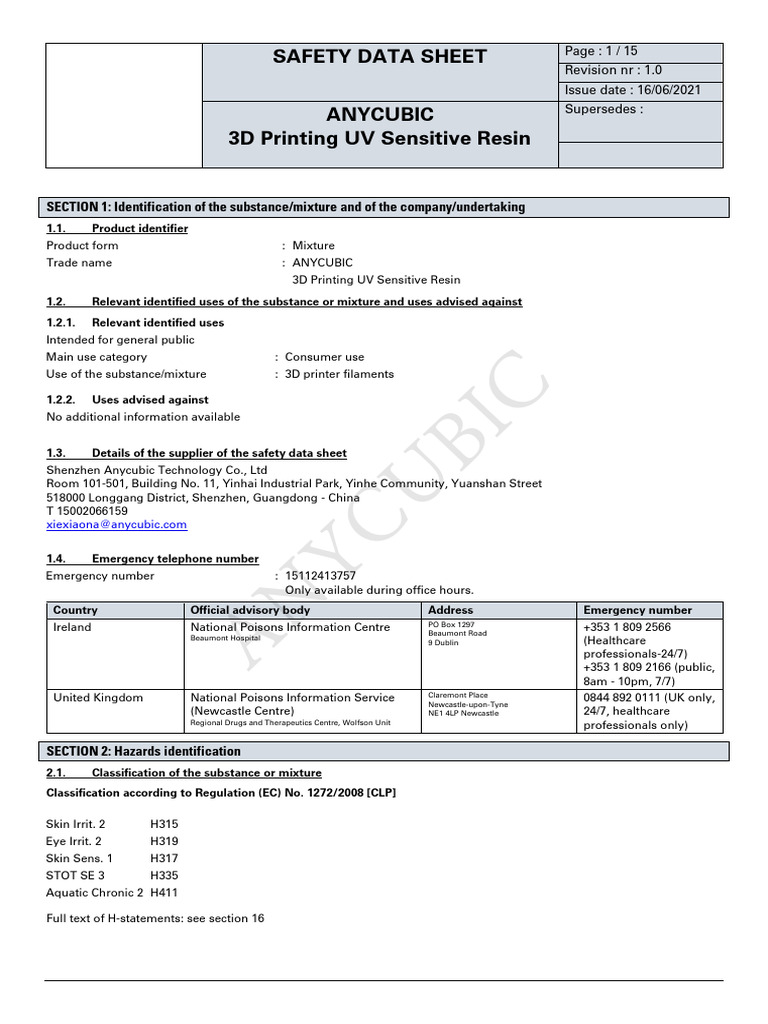 Anycubic Safety Datasheet | PDF | Dangerous Goods | Toxicity