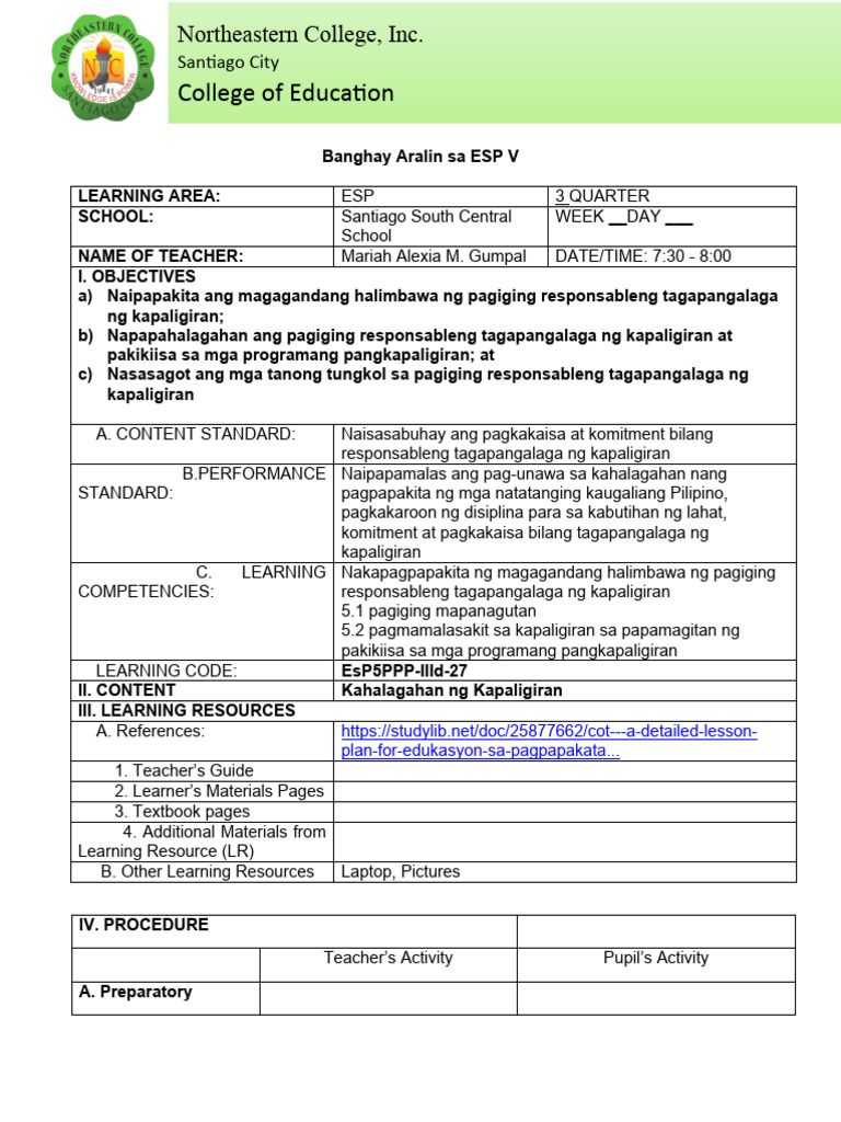 A Detailed Lesson Plan ESP | PDF