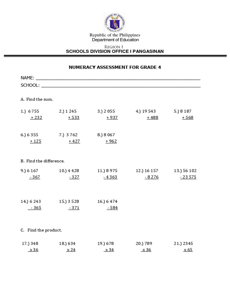 Grade 4 Numeracy Assessment Test | PDF