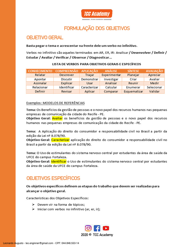Aula - Formulação Dos Objetivos Geral e Específicos 2.0 | Download ...