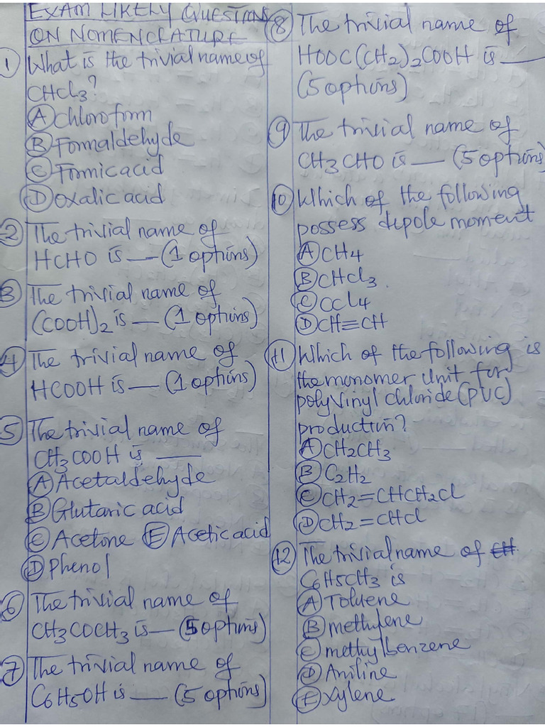 Exam Questions On Nomenclature & Trivial Names | PDF