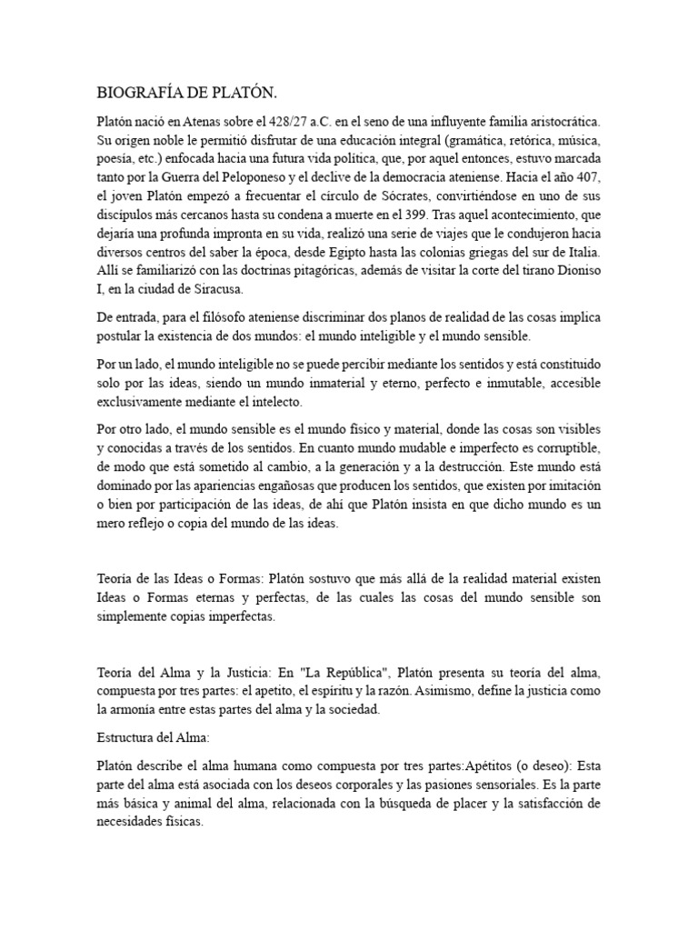 Biografía de Platón | Descargar gratis PDF | Platón | Conocimiento