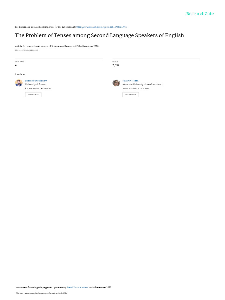 The Problem of Tenses Among Second Language Speakers of English | PDF | Grammatical Tense ...