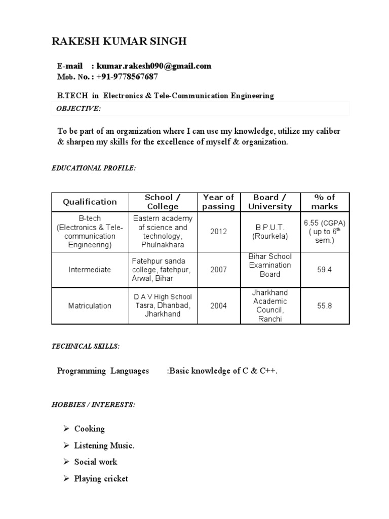 Rakesh Kumar Singh - B.Tech Resume | PDF