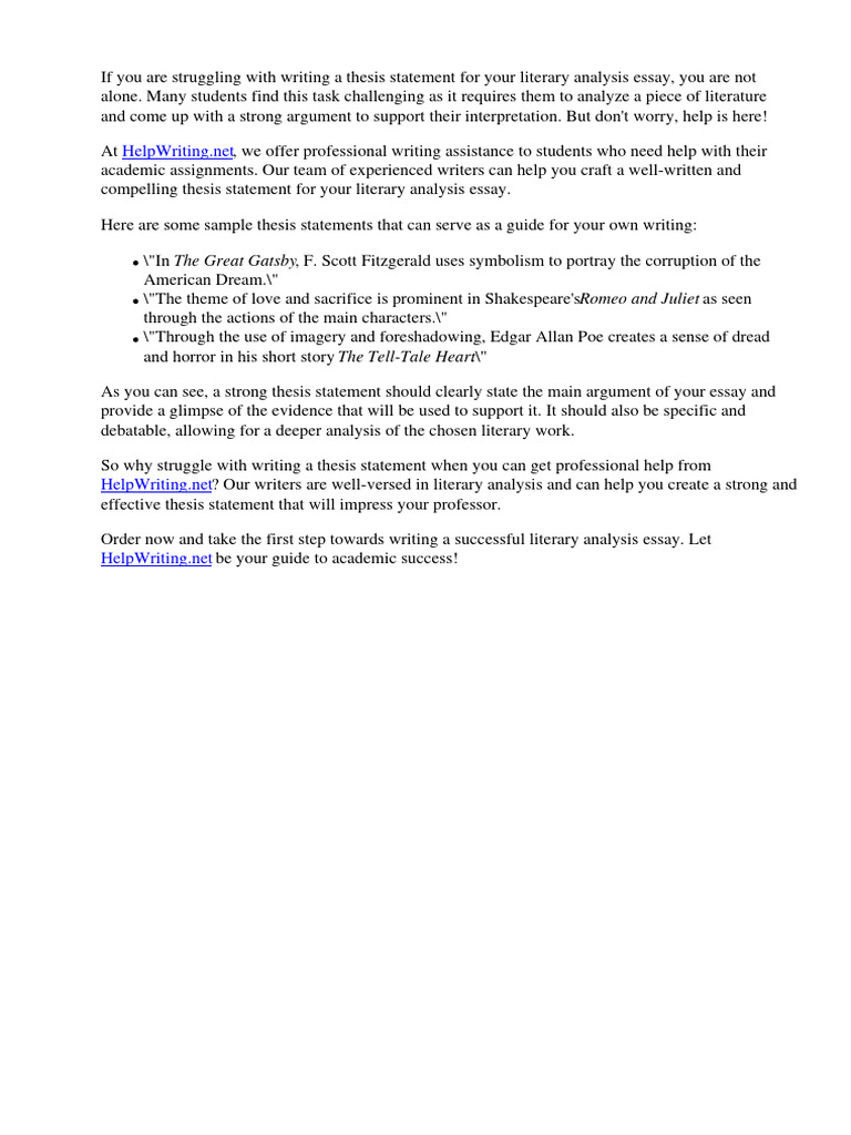 Sample Thesis Statements For Literary Analysis | PDF | Essays | Thesis