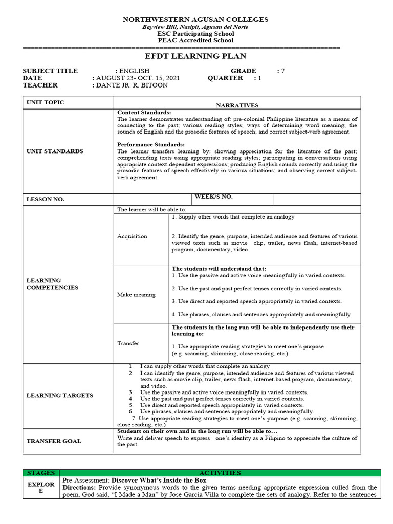 LEARNING PLAN - ENGLISH | PDF | English Language | Vocabulary