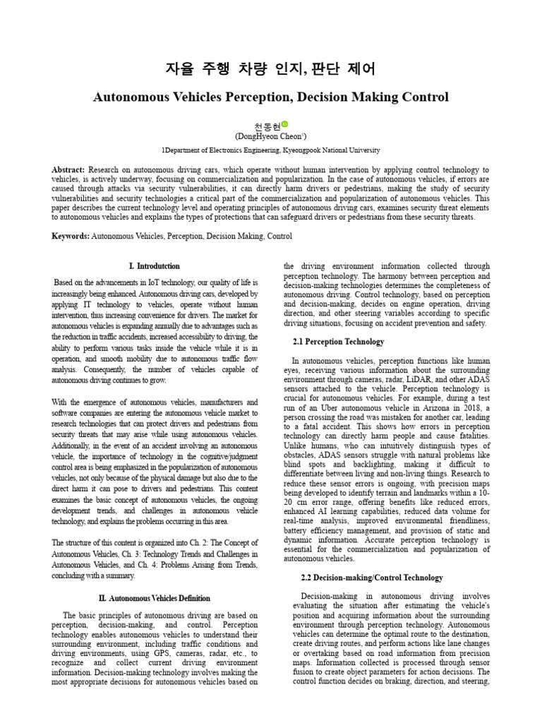 Autonomous Vehicles Perception, Decision Making Control | Download Free ...