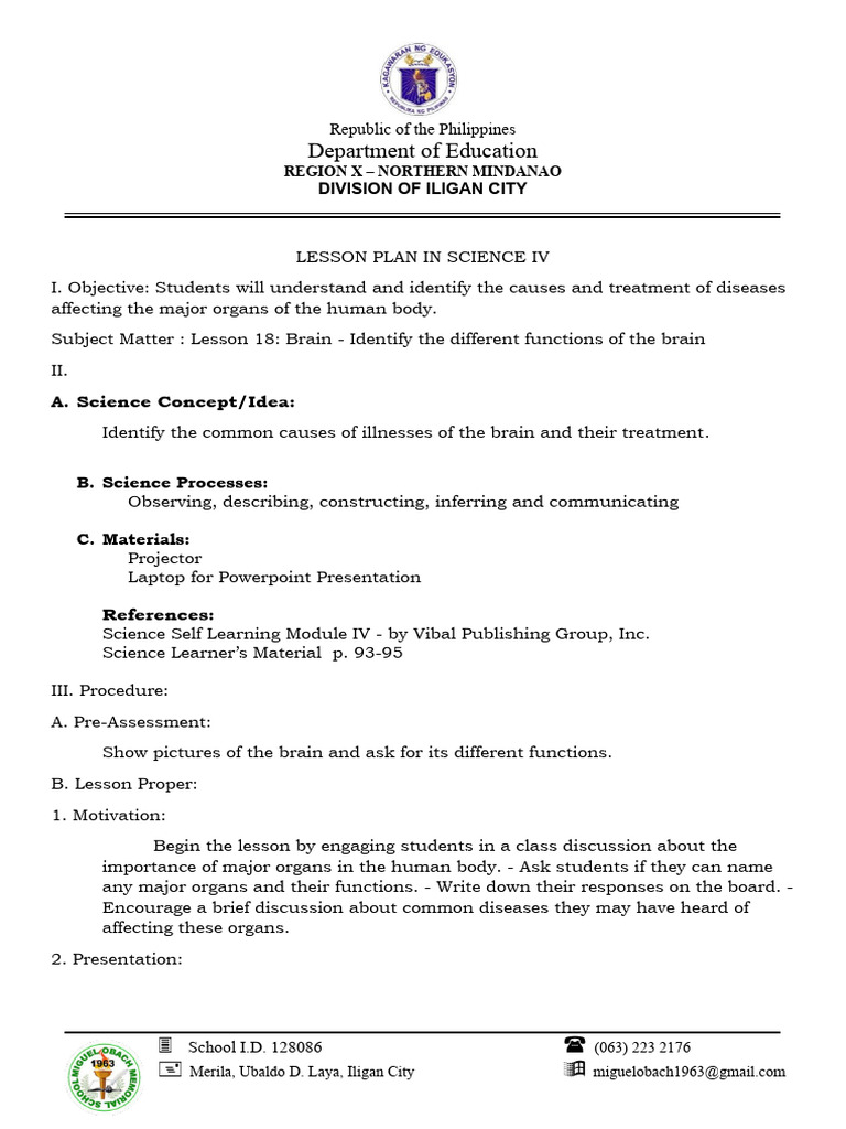 CO Lesson Plan-Q2-Disease of Major Organs | PDF | Learning | Brain