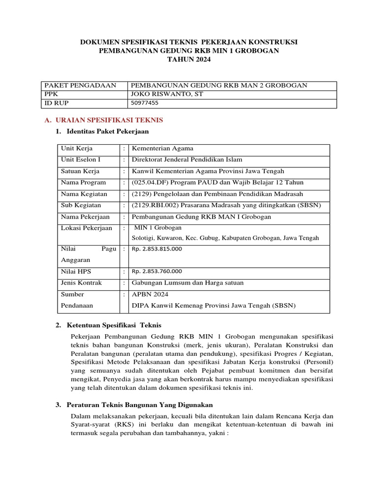 DOKUMEN SPESIFIKASI TEKNIS RKB MIN 1 GROB Tender | PDF