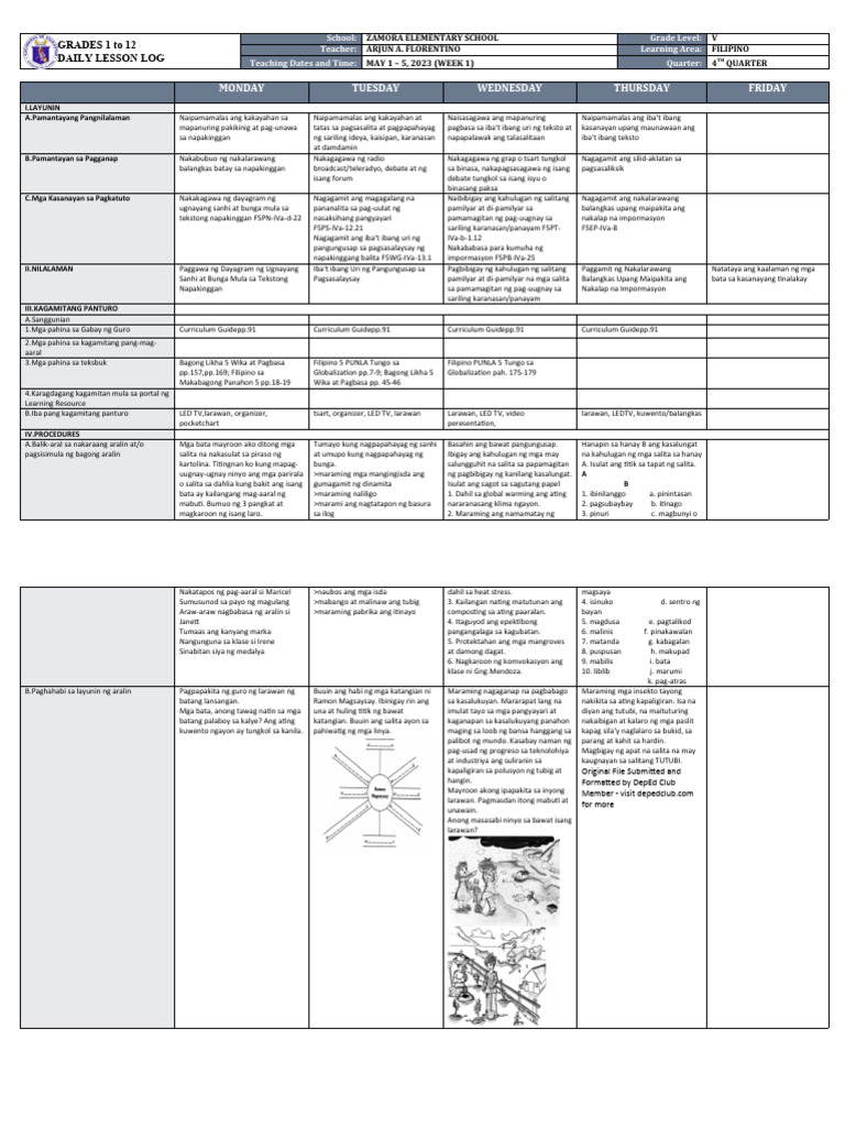 DLL - Filipino 5 - Q4 - W1 | PDF