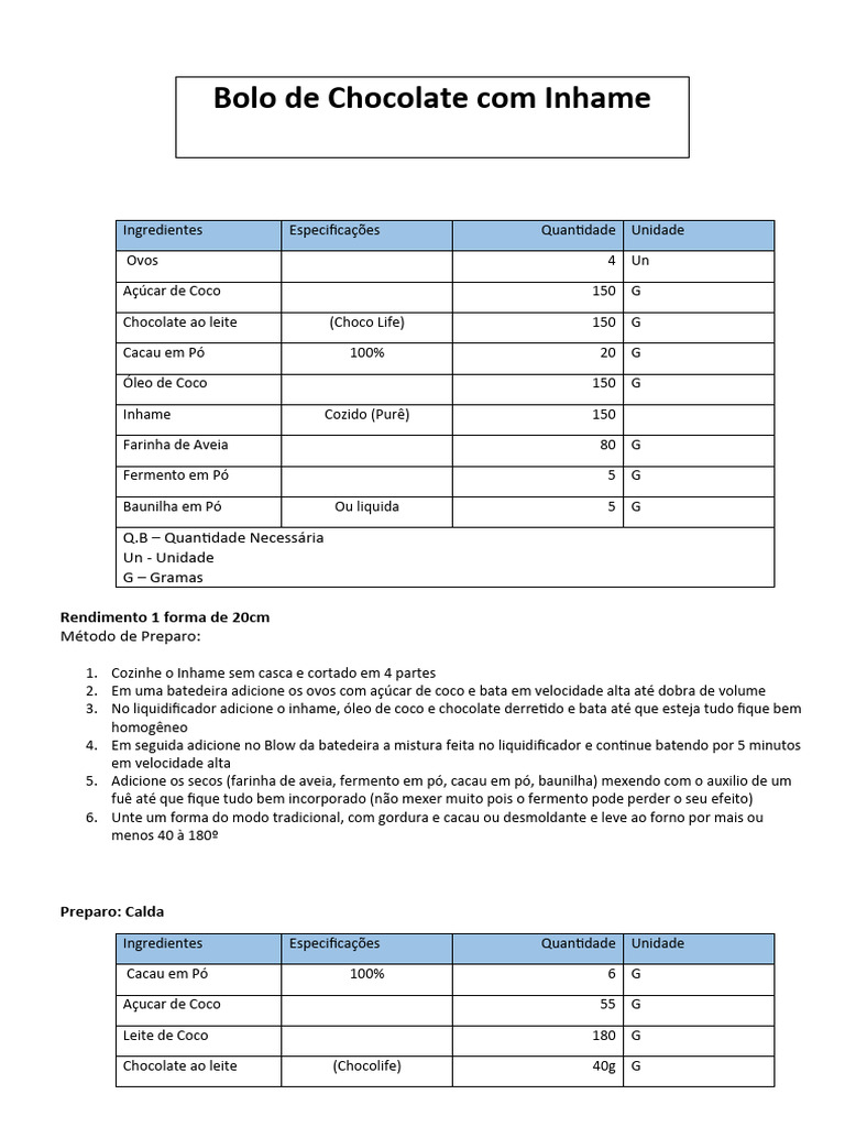 Ficha Tecnica - Bolo Chocolate Com Inhame | PDF Ficha Tecnica - Bolo Chocolate Com Inhame | PDF