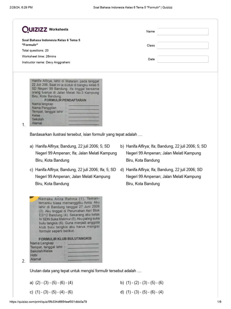 Soal Bahasa Indonesia Kelas 6 Tema 5 - Formulir | PDF