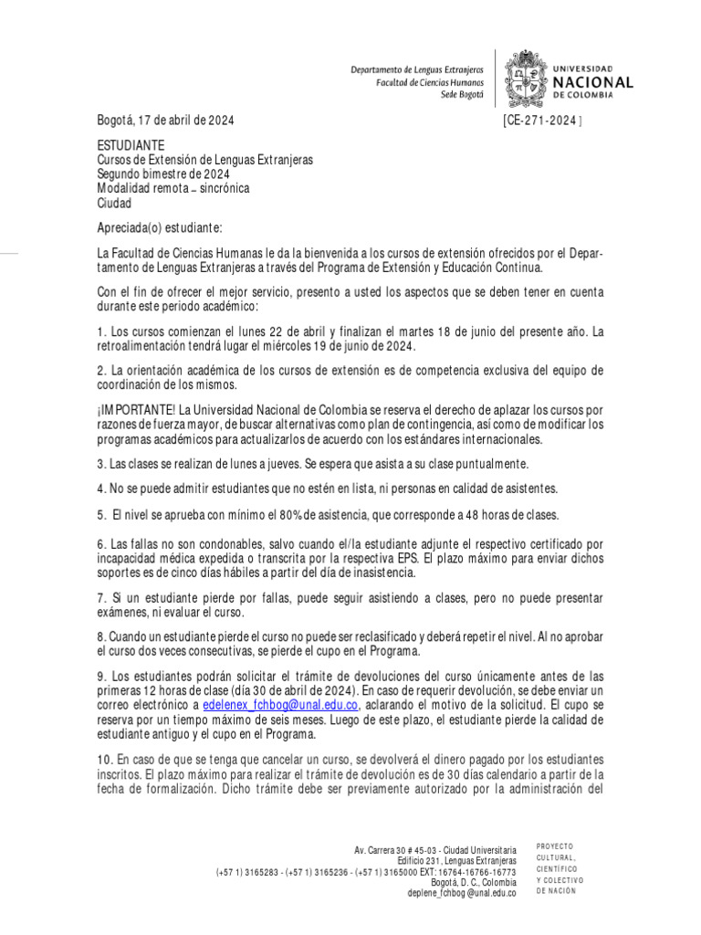 Cursos De Extensión Unal 2024 Pdf Bogotá