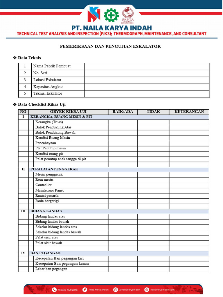 Pemeriksaan Eskalator: Data dan Checklist | PDF