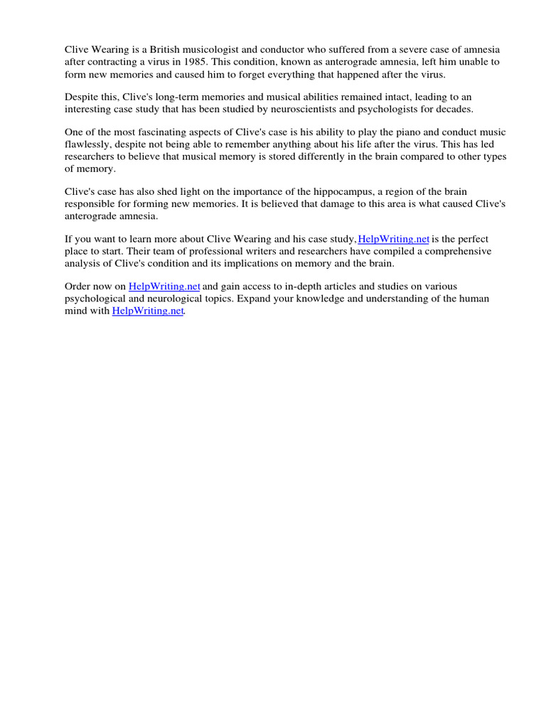 Clive Wearing Case Study | PDF | Memory | Amnesia