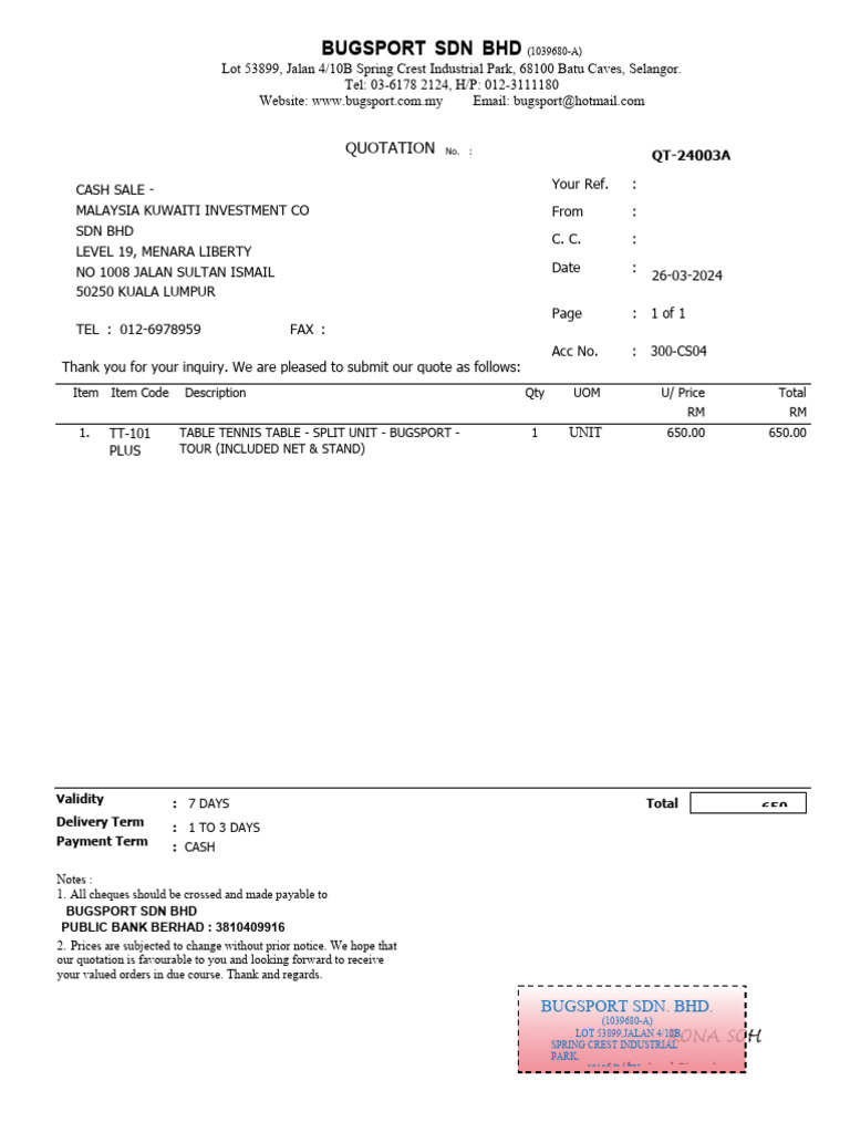 Bugsport SDN BHD: Quotation | PDF