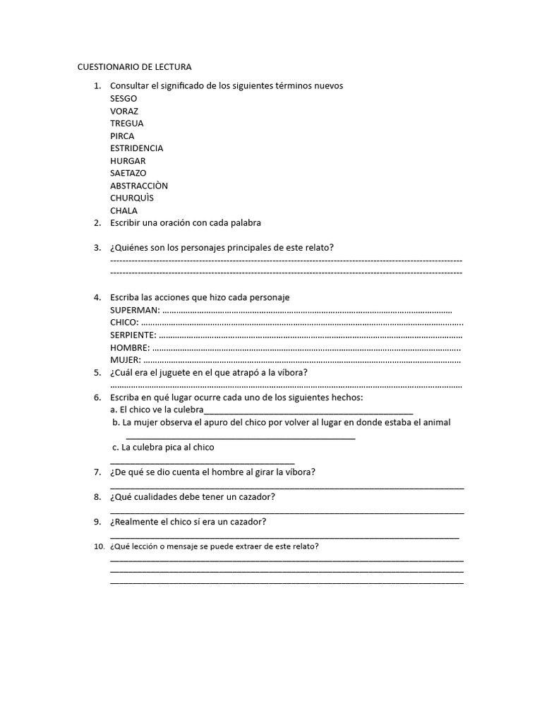 Cuestionario de Lectura El Cazador | PDF