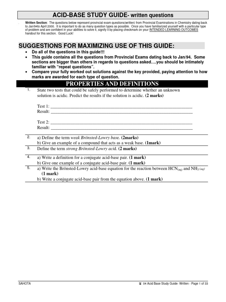 04+Acid+Base+Study+Guide-+Written Review Package | PDF | Acid | Ph