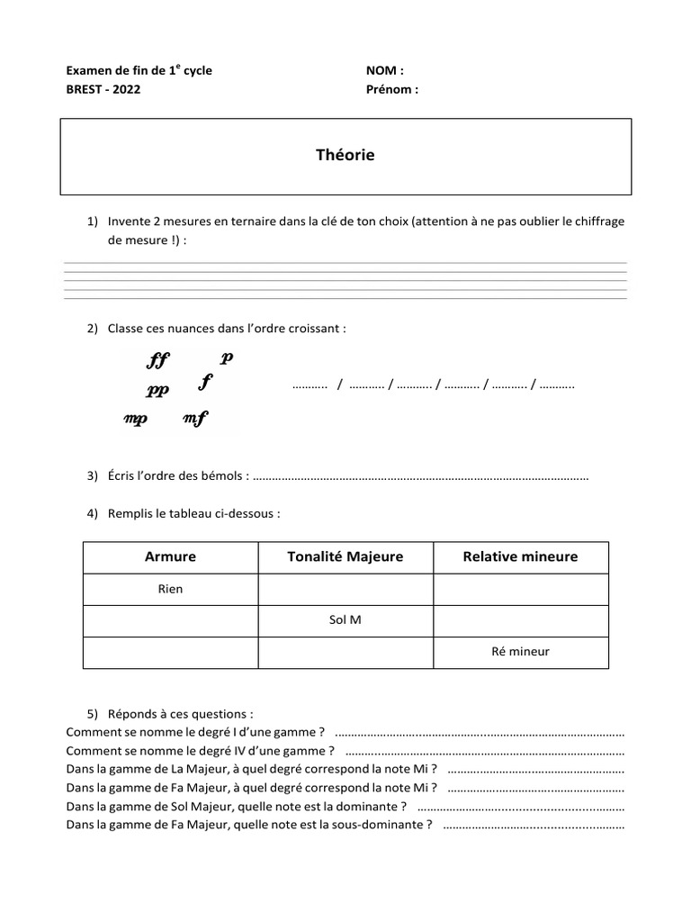 Examen de Théorie Musicale Cycle 1 | PDF | Méthodes et références ...