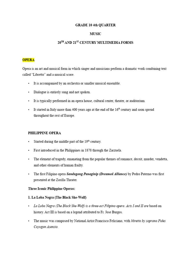 GRADE 10 4th QUARTER MUSIC | PDF | Opera | Musical Theatre