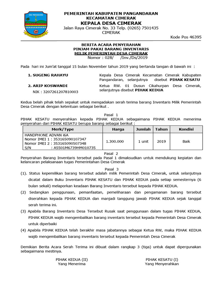 Berita Acara Penyerahan HP Sapa Warga | PDF