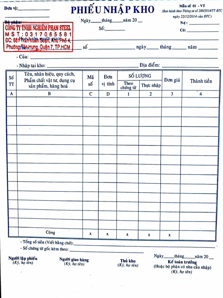 02.23.QT.NPS.KHO-BM02 PHIẾU NHẬP KHO. | PDF