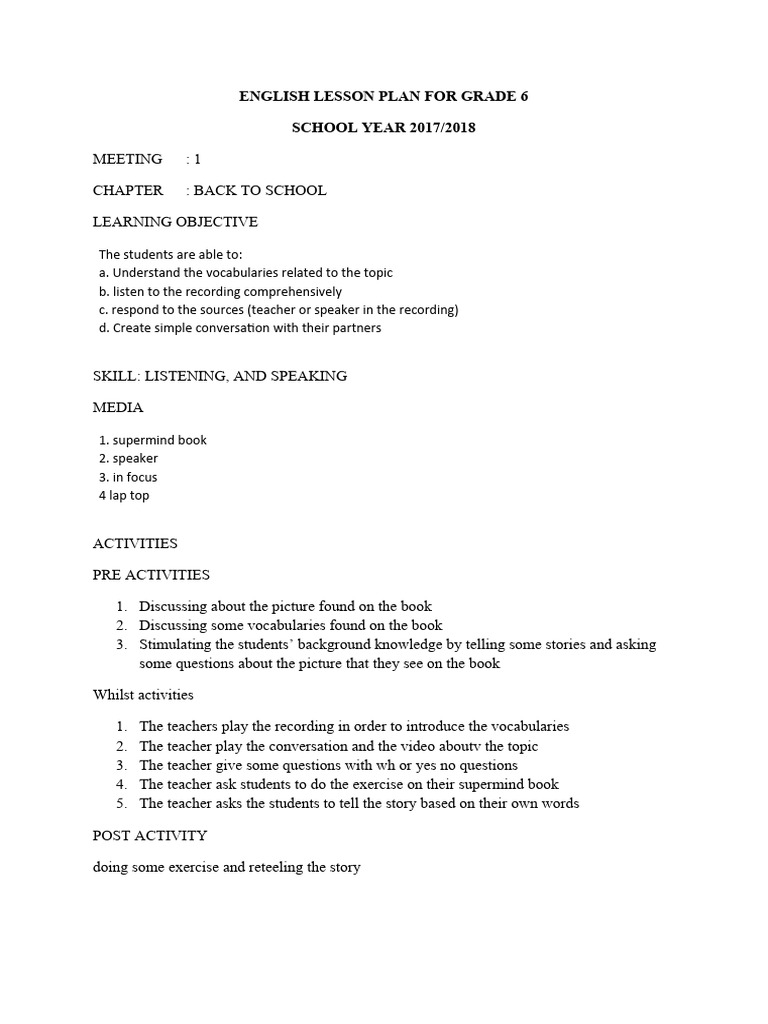 Grade 6 English Lesson Plan Overview | PDF | Vocabulary | Reading ...