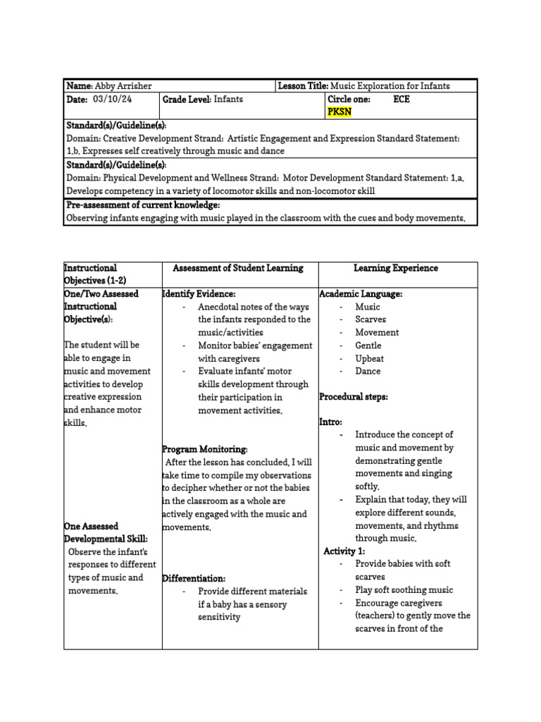 Music Lesson Plan - Abby Arrisher 1 | PDF | Infants | Learning