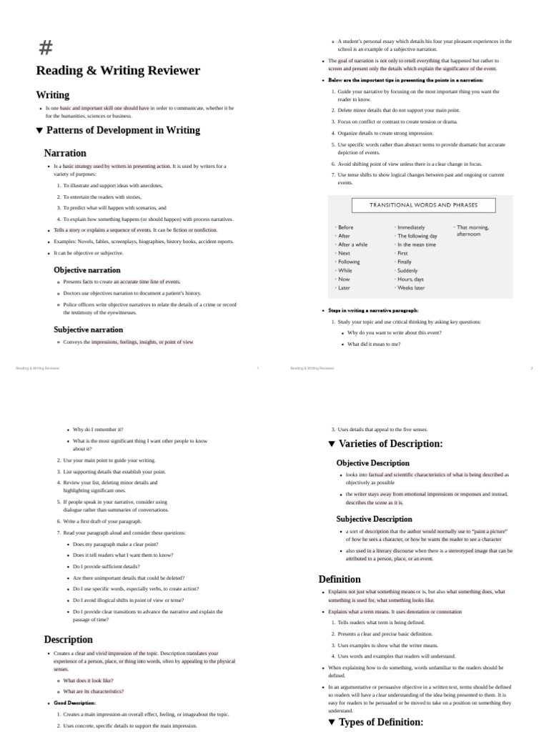 N Up PDF Reading Writing Reviewer | PDF | Narration | Definition