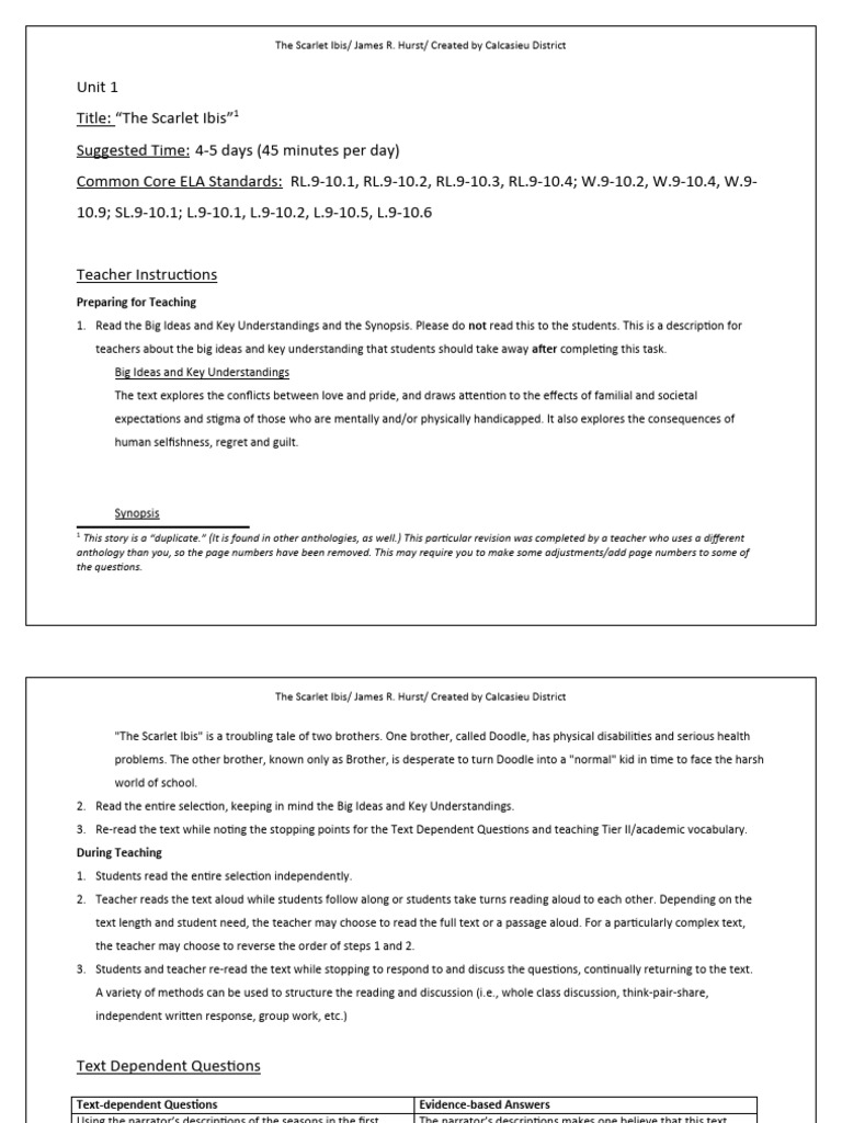 Teaching "The Scarlet Ibis" | PDF