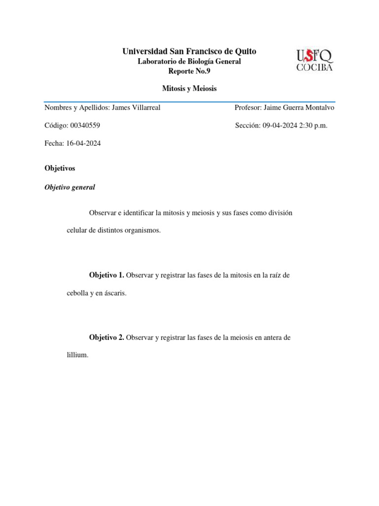 Reporte 9 Mitosis y Meiosis James Villarreal | PDF | Mitosis | Mitosis