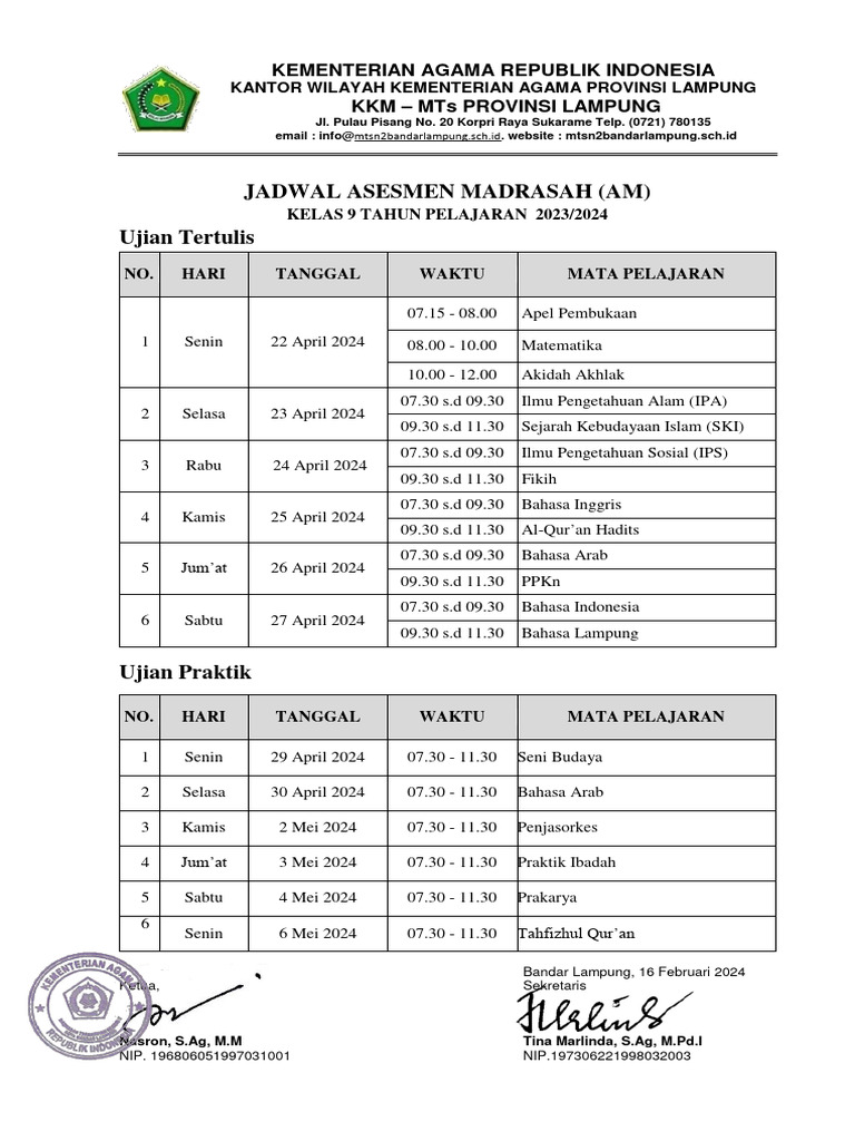KKM MTs Prov - Jadwal AM Kelas 9 2023-2024 | PDF