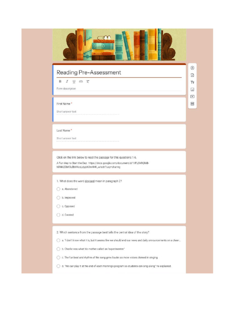 6th Grade Reading Pre-Assessment Google Form | PDF