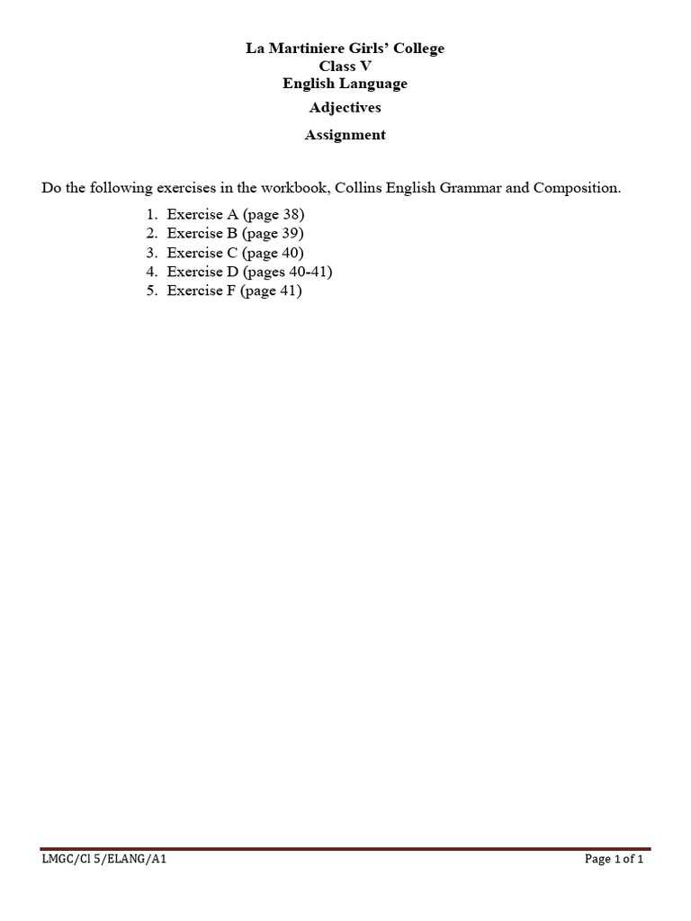Class V English Adjectives Assignment | PDF