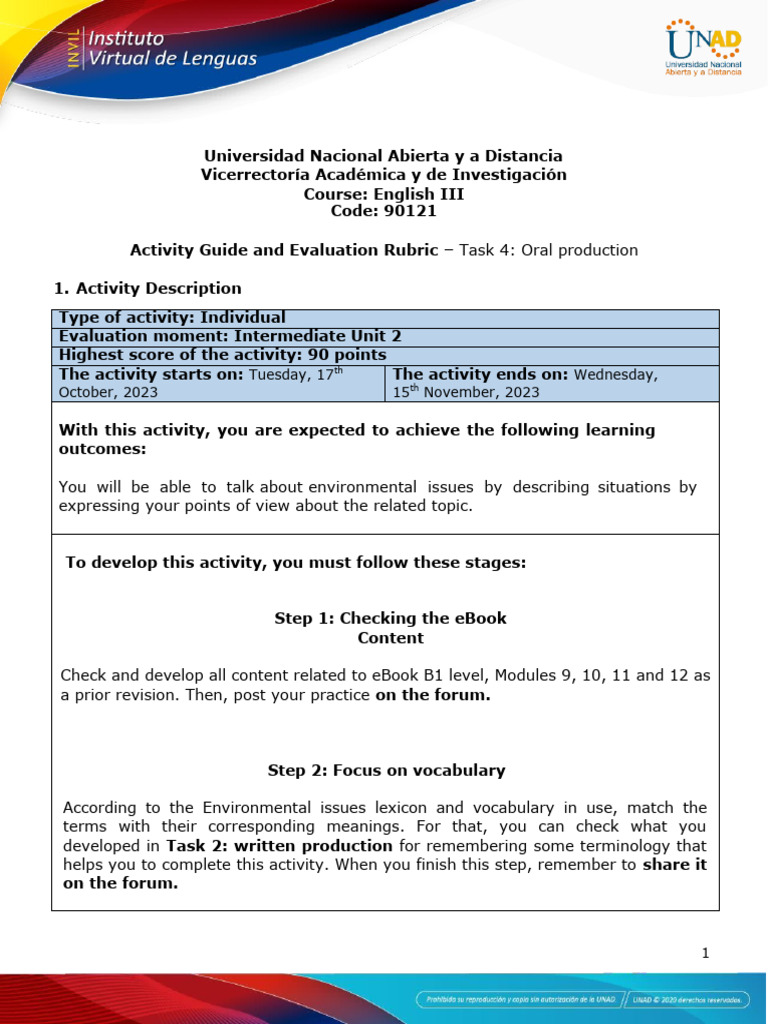 Activity Guide and Evaluation Rubric - Unit 2 - Task 4 - Oral Production | PDF | Water ...