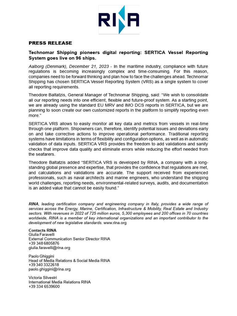 PR Technomar Shipping Pioneers Digital Reporting SERTICA VRS | PDF ...